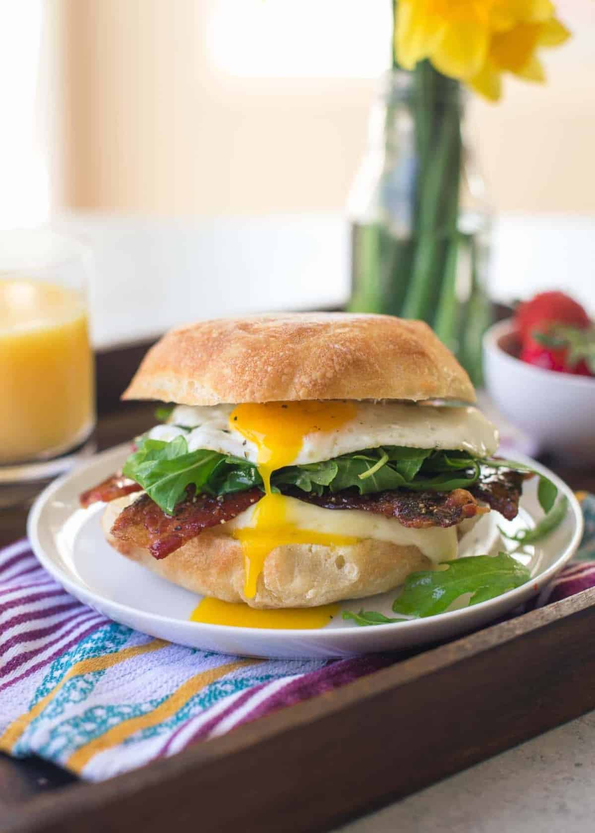 Egg, Brie and Arugula Breakfast Sandwich with Strawberry Glazed Bacon